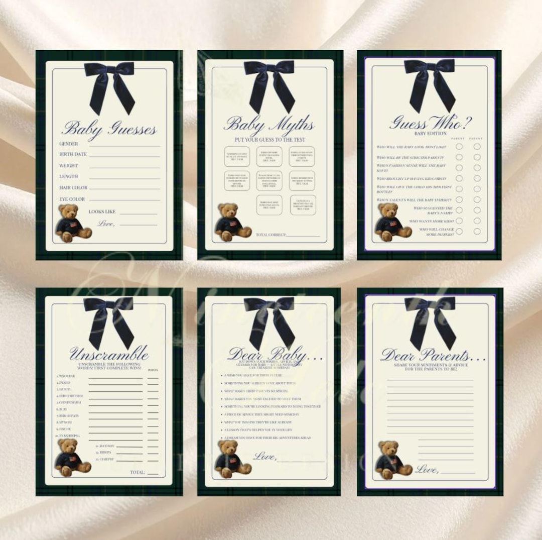Ralph Lauren Inspired Teddy Bear Baby Shower Games/activities 5x7 ...