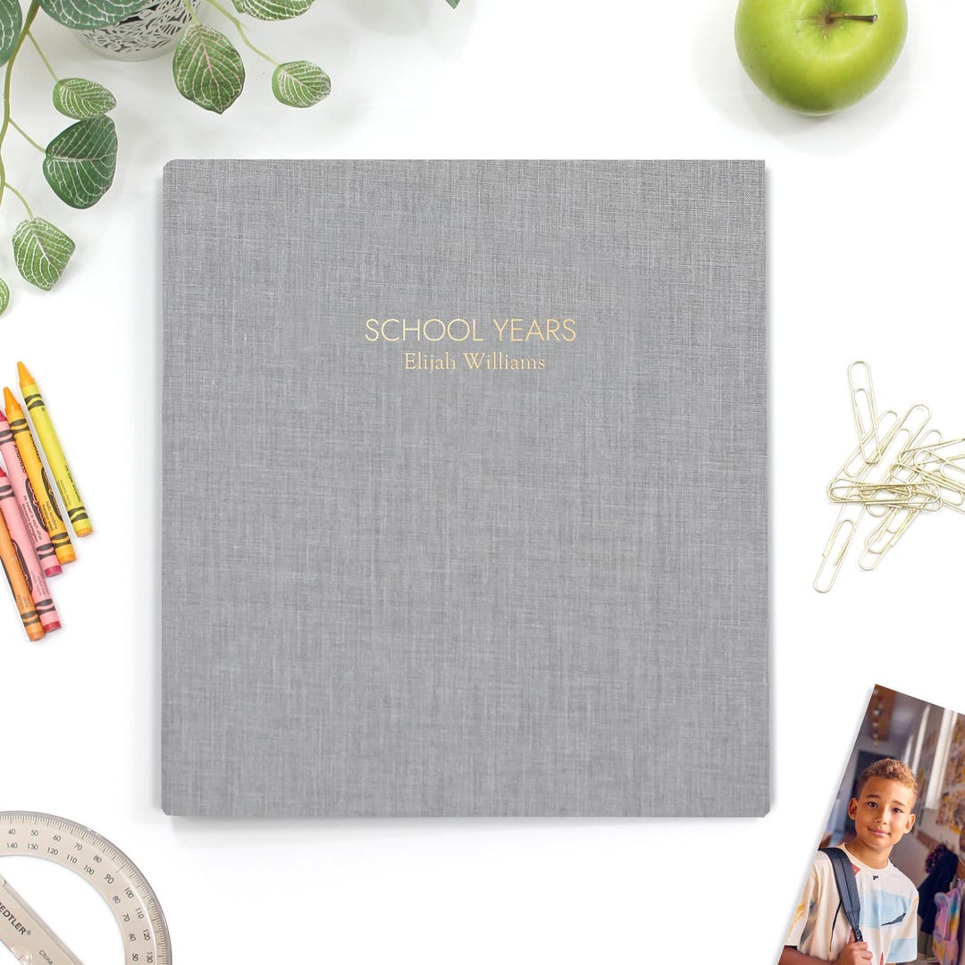 Personalized School Years Memory Binder With Light Gray Linen Cover ...