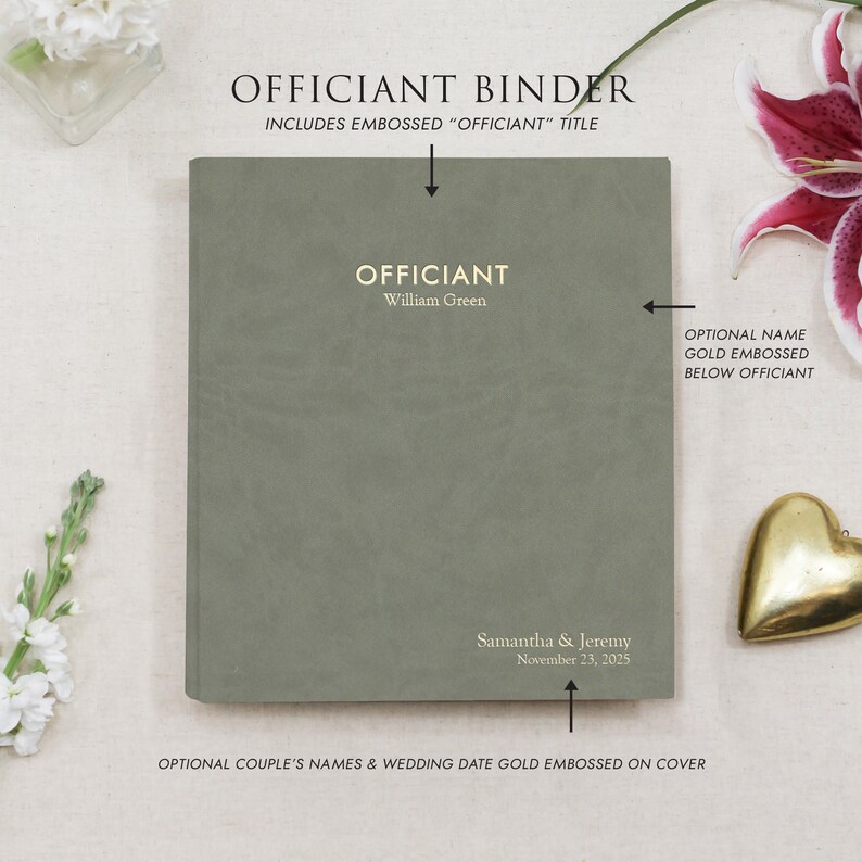 Officiant Binder Moss Vegan Leather Personalized Gold Embossed Wedding ...