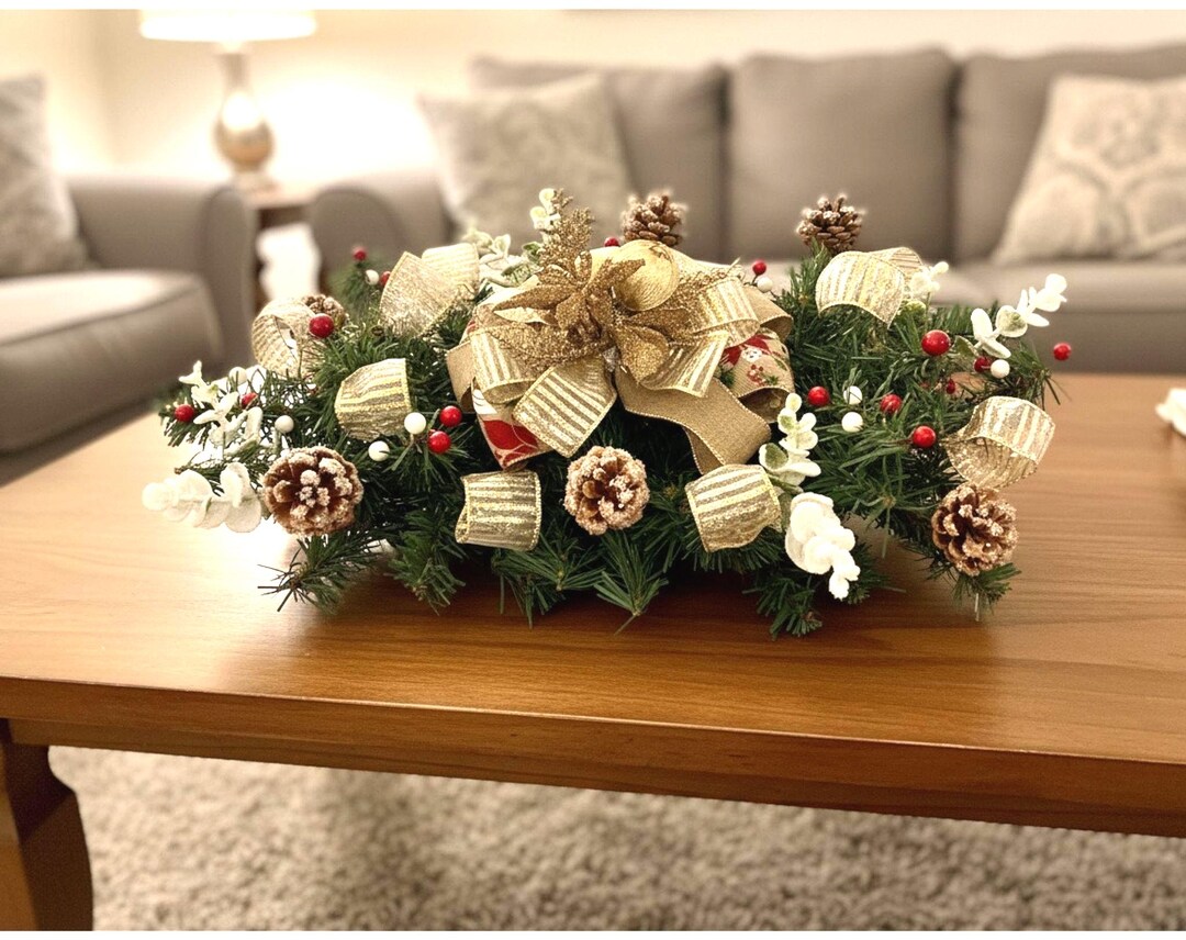 Elegant Gold Floral Bow Christmas Centerpiece Holiday Traditional Table ...