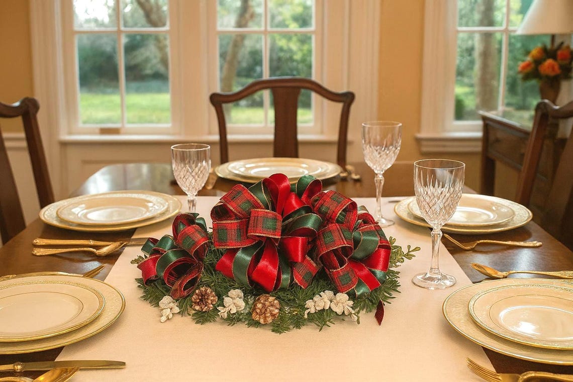 Elegant Red Green Bow Christmas Centerpiece Holiday Traditional Table ...
