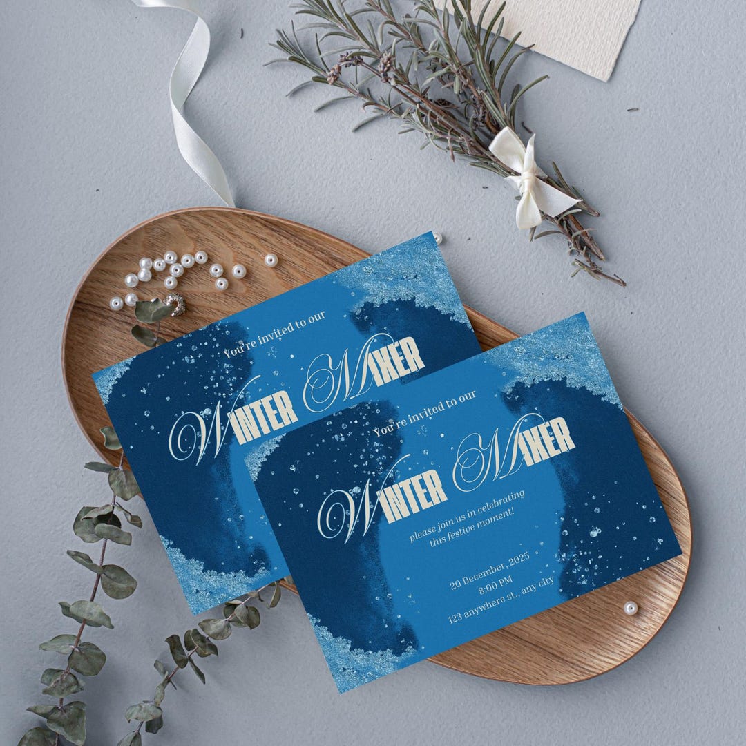 Elegant Winter Mixer Invitation Template, Blue and Gold, A6 (canva ...