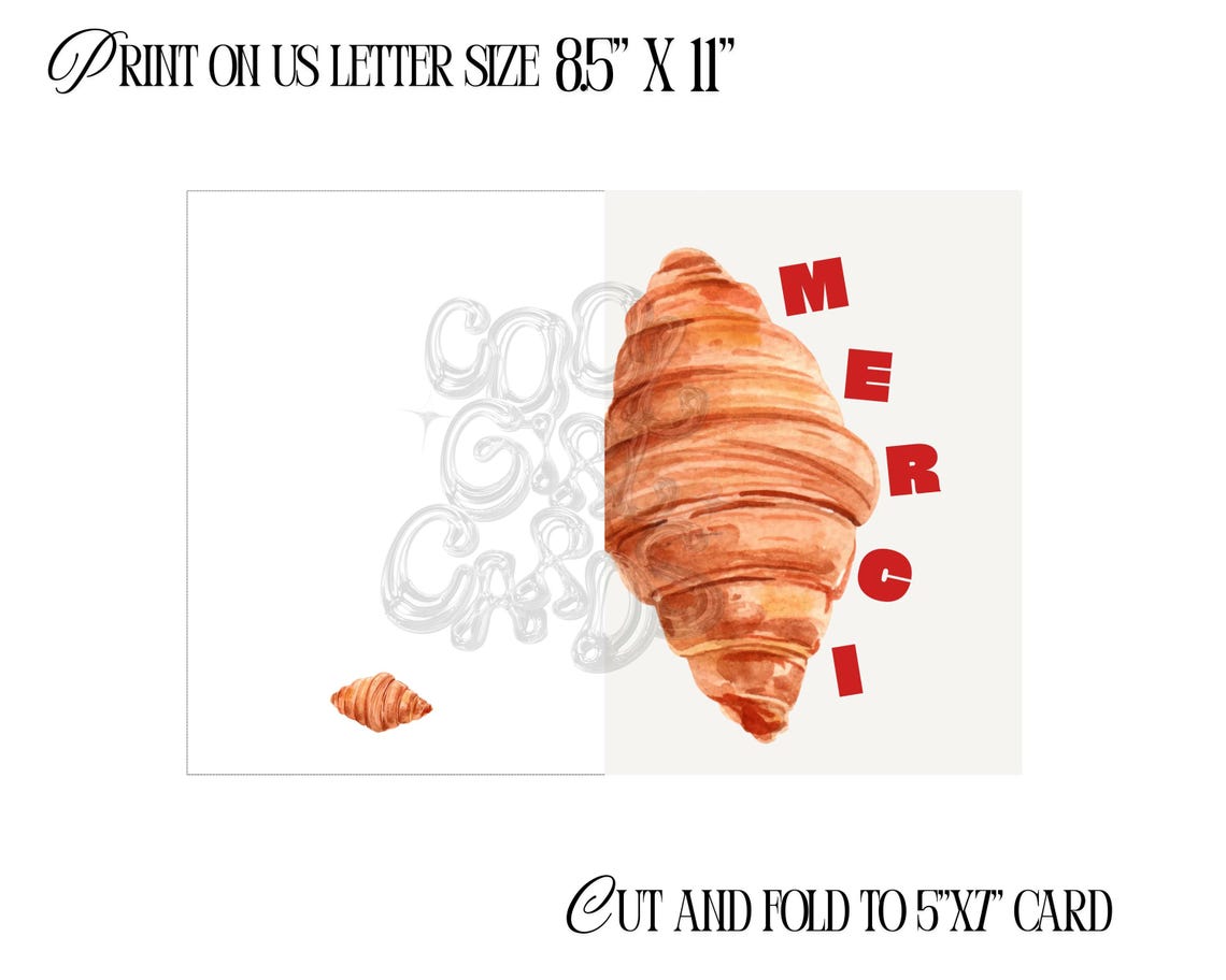 Printable French Thank You Card – Croissant Watercolor Merci Card, Cute ...