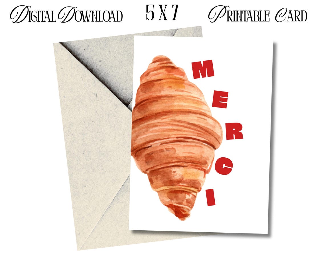 Printable French Thank You Card – Croissant Watercolor Merci Card, Cute ...