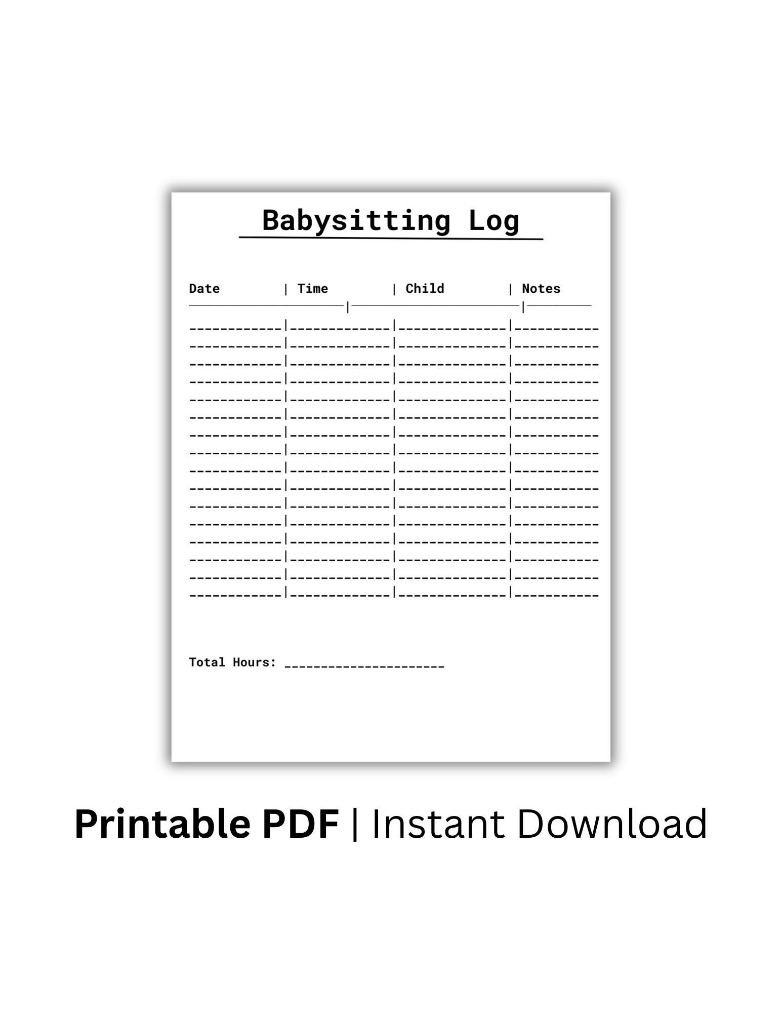 Babysitting Log Printable, Child Care Tracker, Babysitter Notes Sheet ...