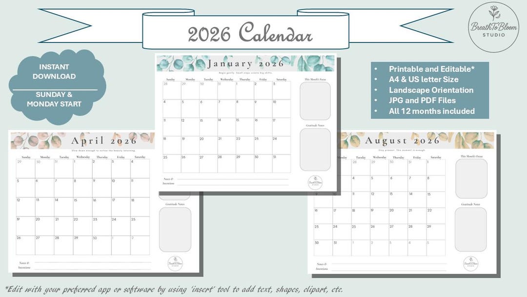 Printable 2026 Monthly Calendar | Minimalist Mindful Planner | A4 + US ...