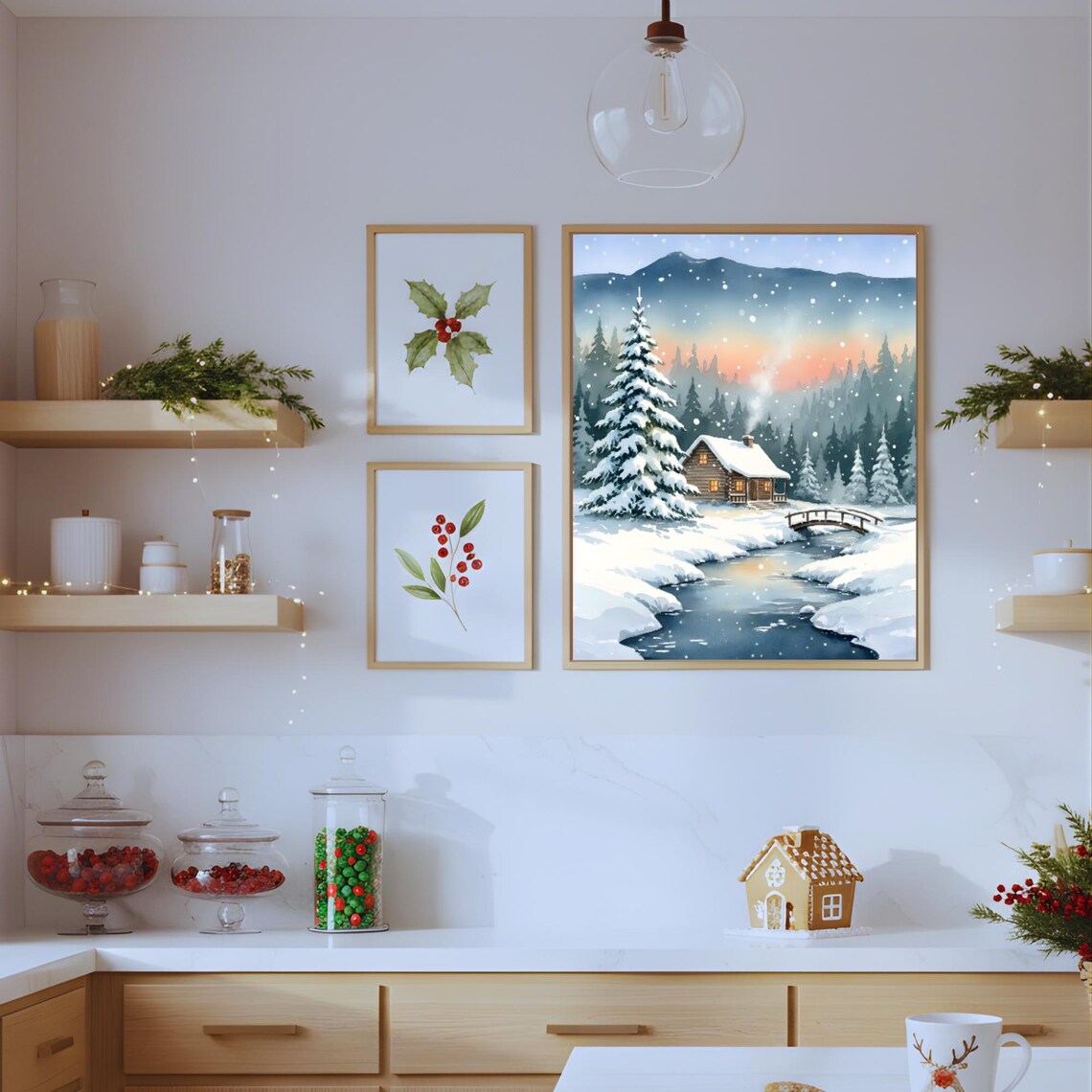 Rustic Cabin in the Snow Watercolor Print | Winter Forest Landscape ...