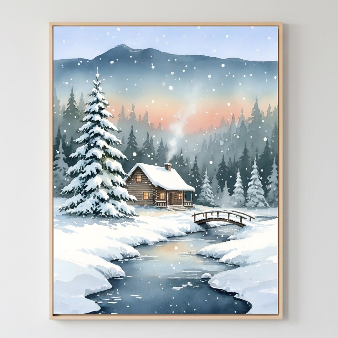 Rustic Cabin in the Snow Watercolor Print | Winter Forest Landscape ...