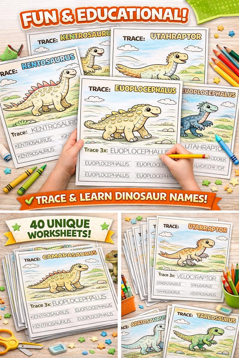 Dinosaur Tracing Worksheets for Kids | Page Printable PDF | Trace ...