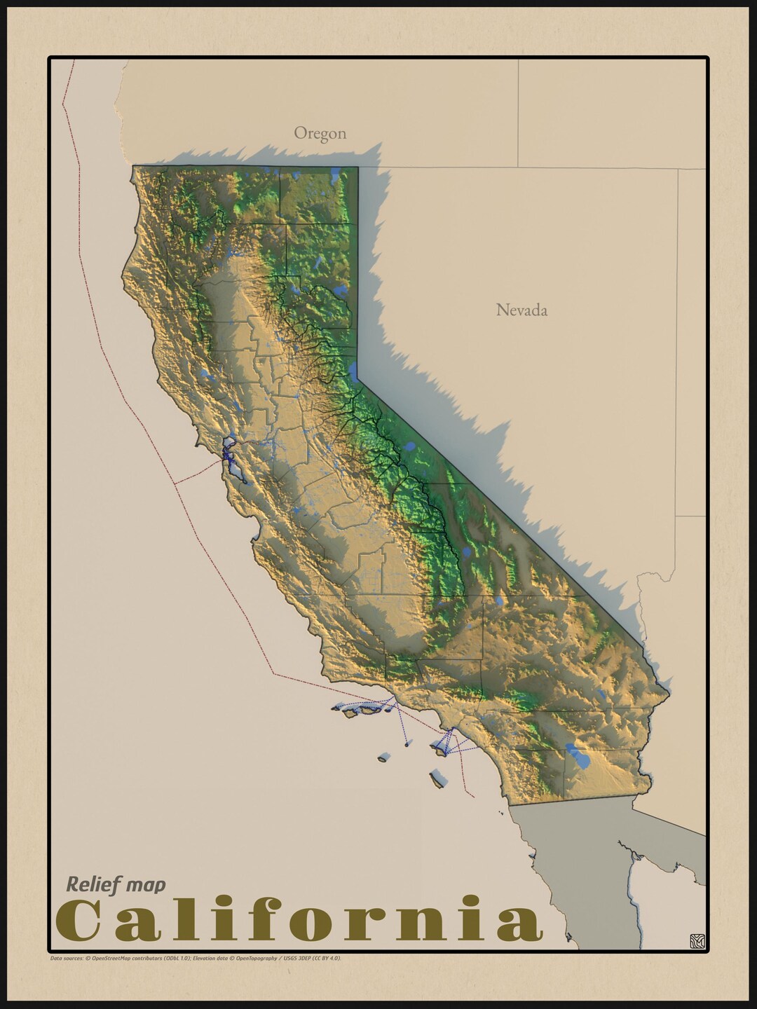 California Relief Map Print – Detailed Topographic Wall Art | Elevation ...