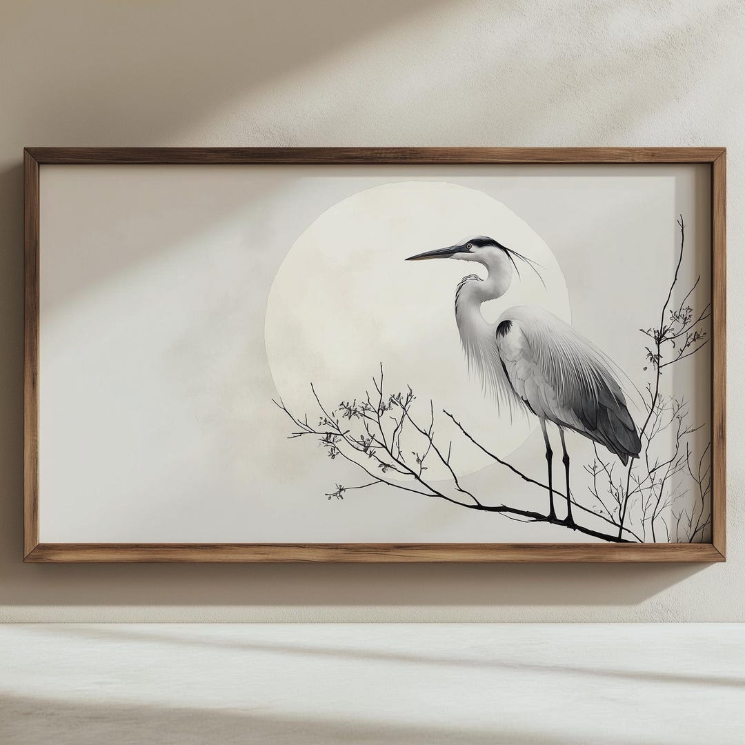 Minimalist Heron Sumi-e Inspired Frame TV Art, Zen Coastal Mood ...