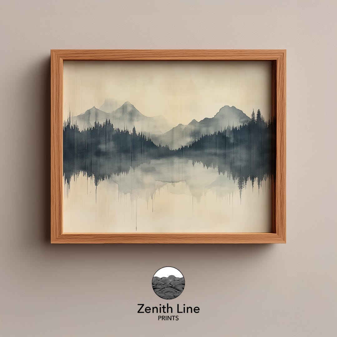 Moody Mountain Landscape Watercolor - Dark Pine Treeline Reflection ...