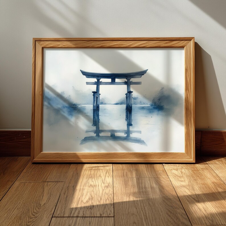 Serene Japanese Torii Gate in Indigo Watercolor - Minimalist Zen Art ...