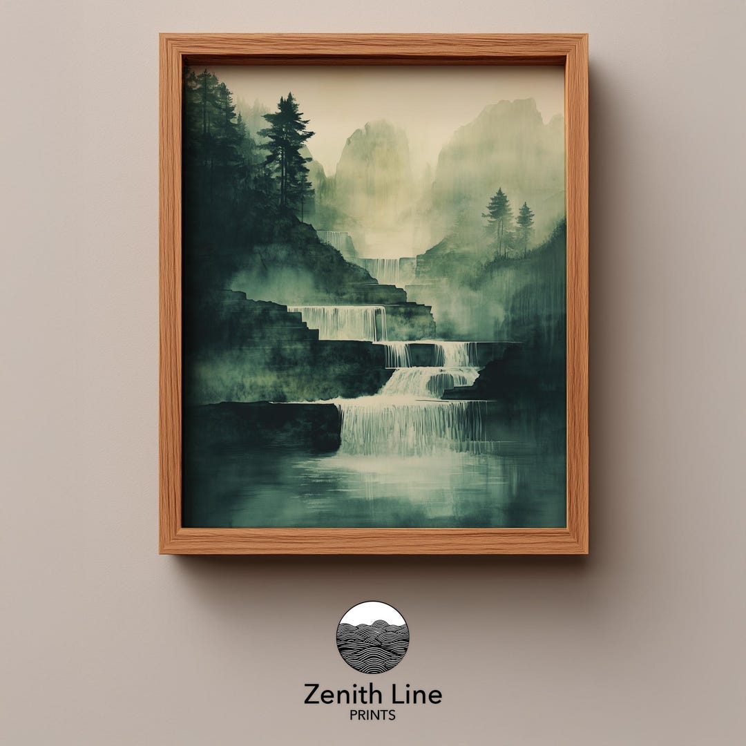 Serene Waterfall Print, Printable Watercolor Art, Moody Calm Nature ...