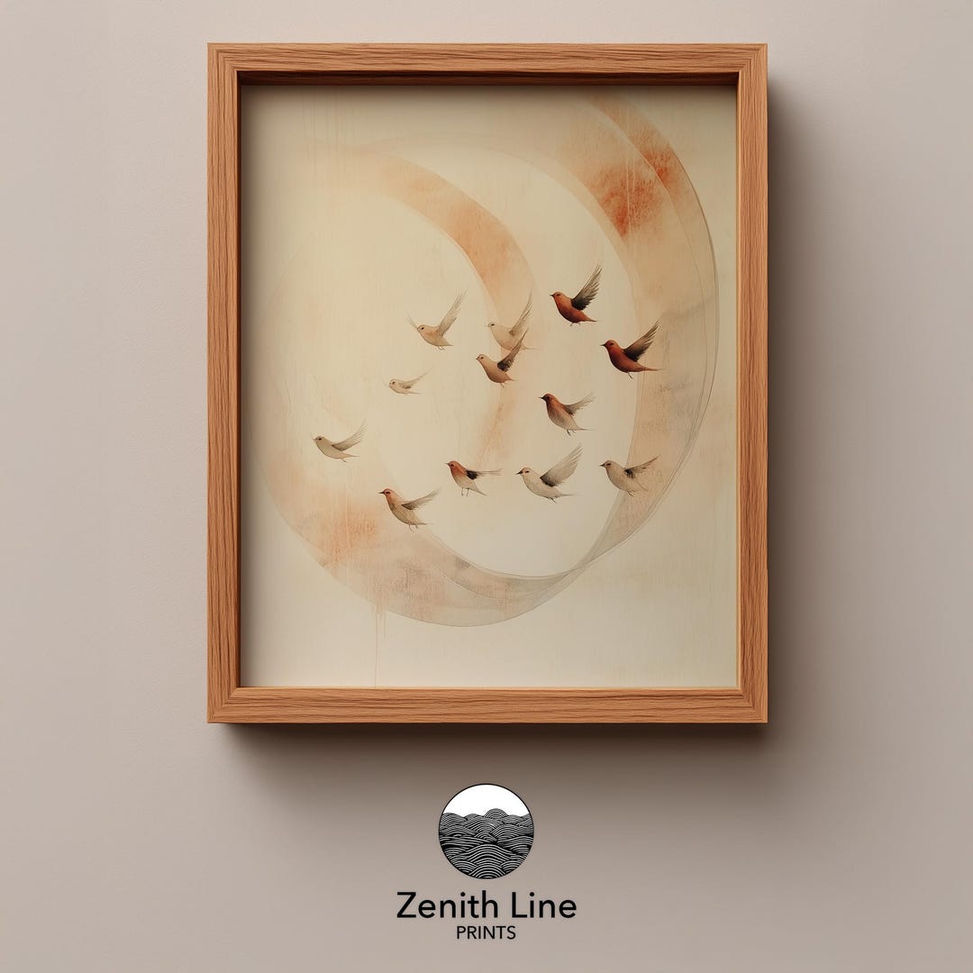 Minimalist Bird Flock in Flight - Modern Watercolor Art, Warm Tones ...