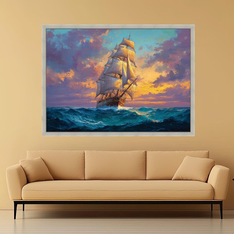 Majestic Sailing Ship Print, Ocean Sunset Art, Nautical Sea Landscape ...