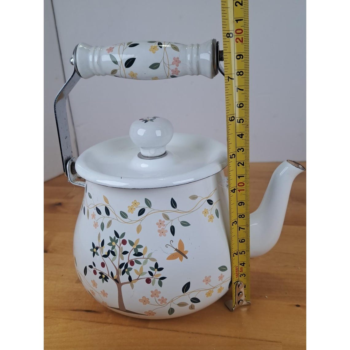 Vintage White Spring Tree Floral Enamelware Tea Kettle. It Features a ...