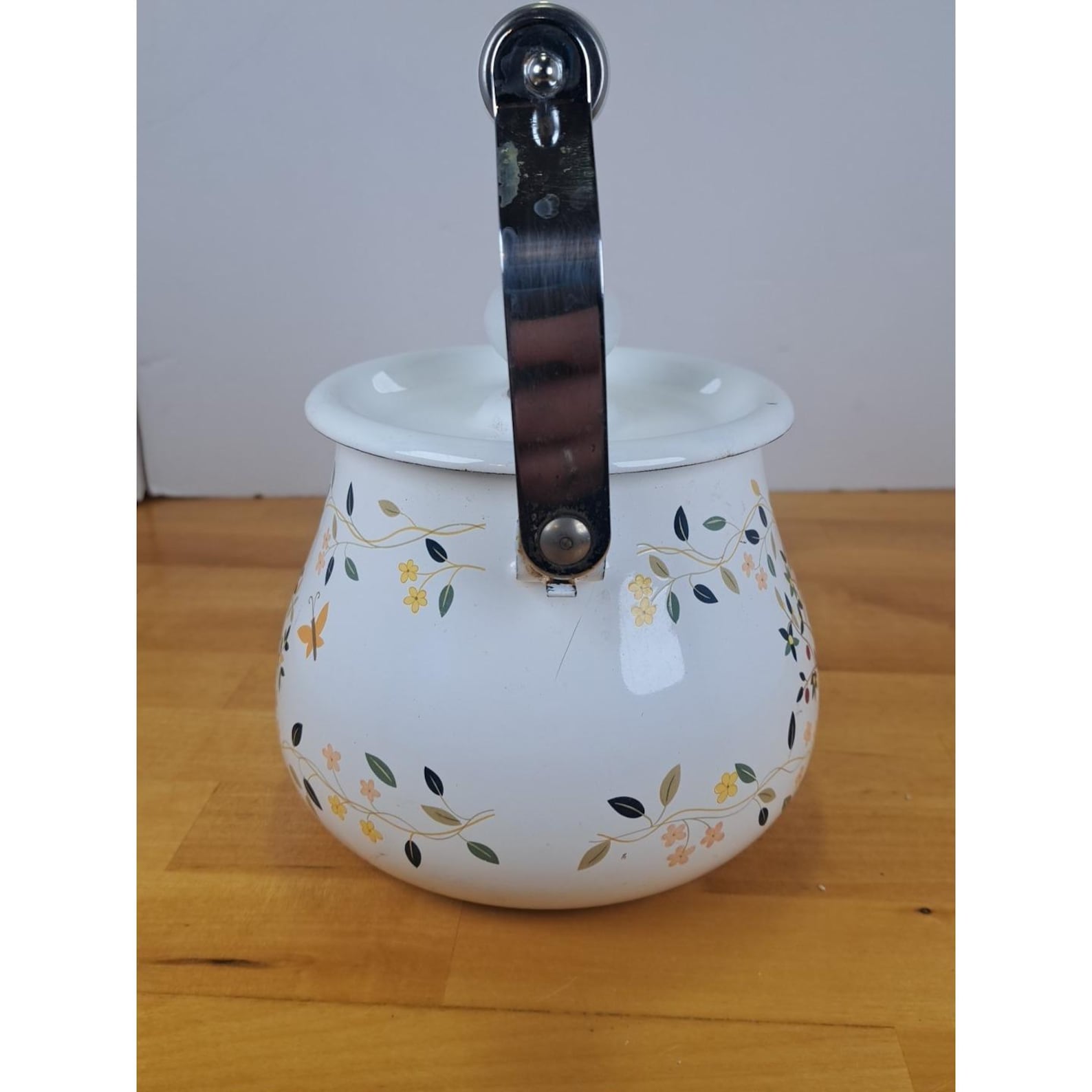 Vintage White Spring Tree Floral Enamelware Tea Kettle. It Features a ...