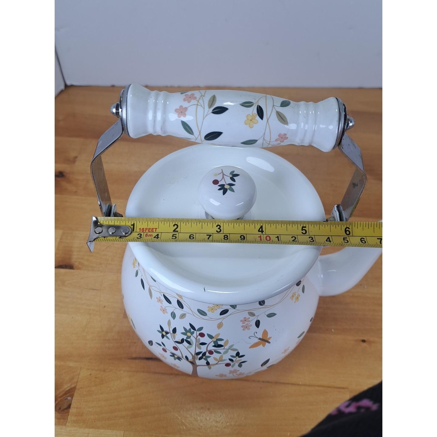 Vintage White Spring Tree Floral Enamelware Tea Kettle. It Features a ...