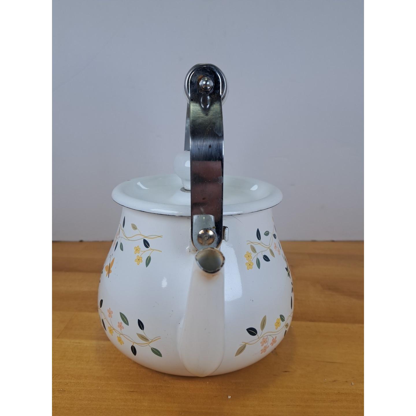 Vintage White Spring Tree Floral Enamelware Tea Kettle. It Features a ...