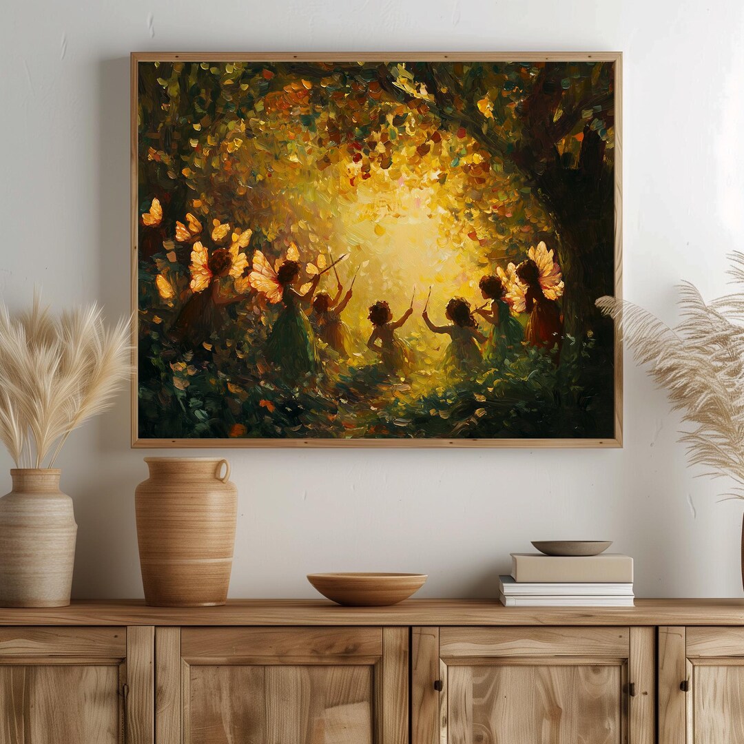 Fairies Dancing Under Forest Canopy, Whimsical Fantasy Wall Art, Autumn ...