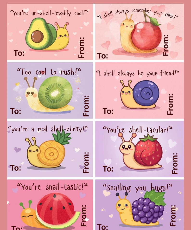Cute Snail Kids Classroom Valentines, Valentines Cards for School ...