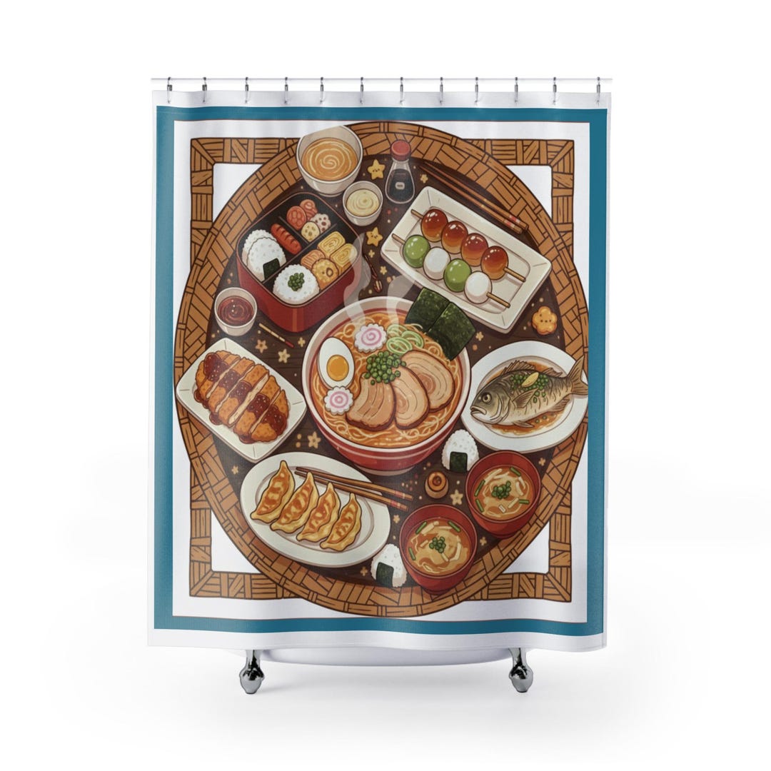 Japanese Shower Curtain, Ramen and Bento Shower Curtain | Sushi, Gyoza ...