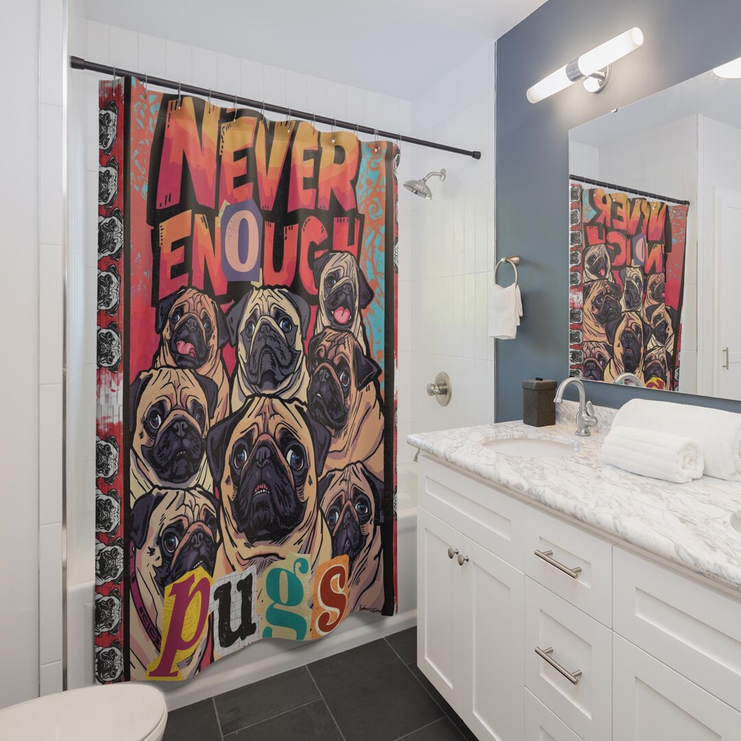 Graffiti Pug Magazine Collage Shower Curtain | Pugtrovert Statement ...