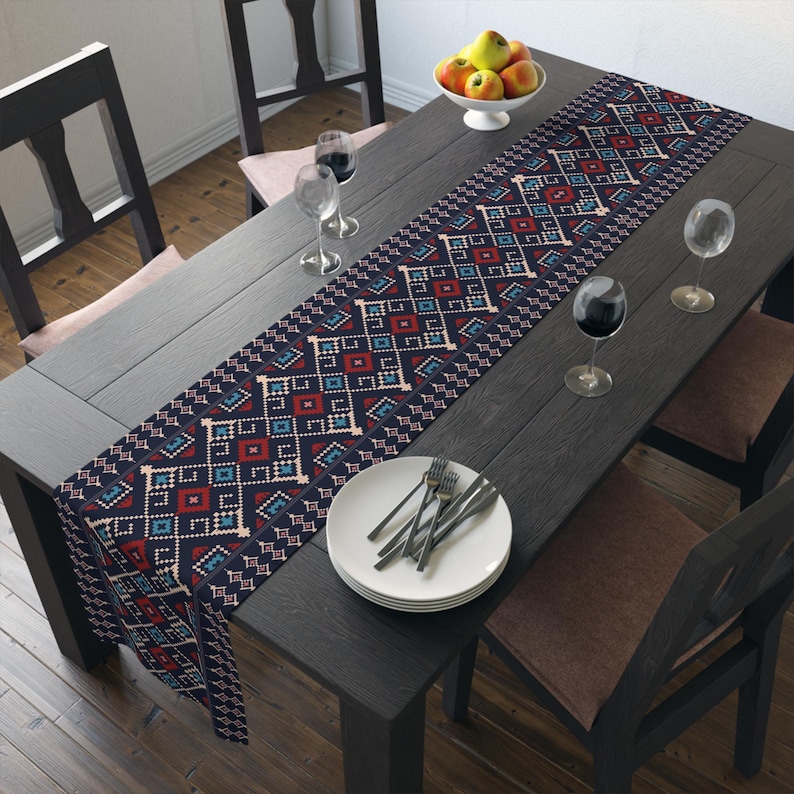 Dark Blue Ukrainian Art Table Runner, Geometric Pattern Table Runner ...