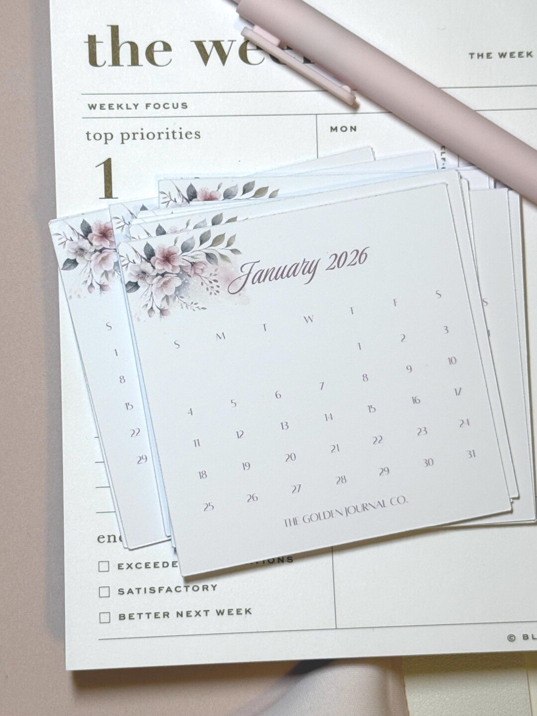 Blush Floral 12-month Pocket Calendar Card Set | Planner & Journal ...