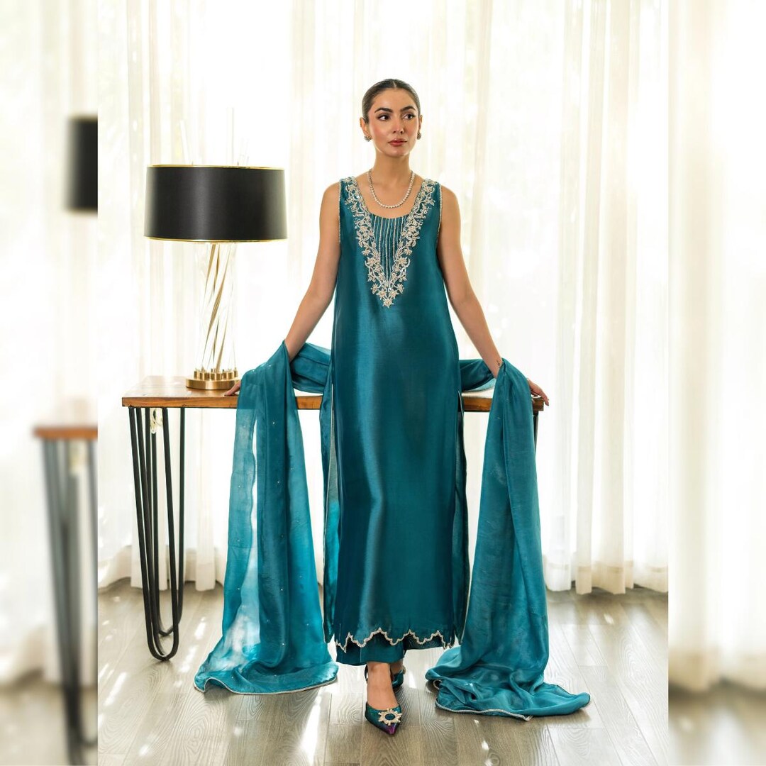Luxury Teal Sheesha Silk Salwar Suit | Pakistani Indian Designer Salwar ...