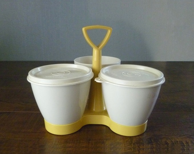 Vtg 3 Cup Tupperware Condiment Caddy With 2 Lids. Ketchup, Mustard ...