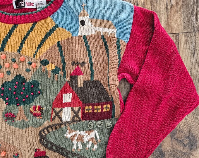 Vintage 90s Farm Scene Cottagecore Knit Sweater - Medium - Etsy