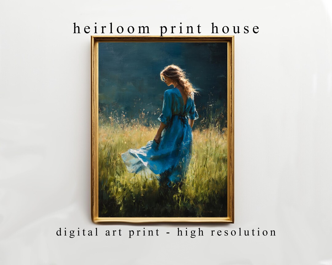 Romantic Cottagecore Woman in Flowing Blue Dress - Painterly Portrait ...