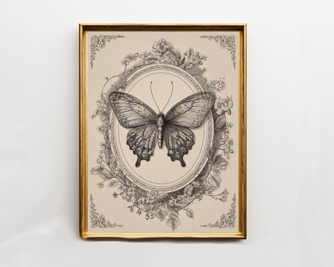 Vintage Butterfly Botanical Printable Art - Neutral Graphite Sketch ...