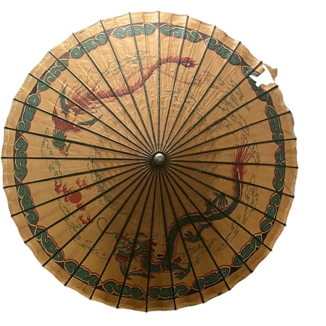 Vintage Asian Paper Parasol With Dragon Design – Decorative Bamboo ...
