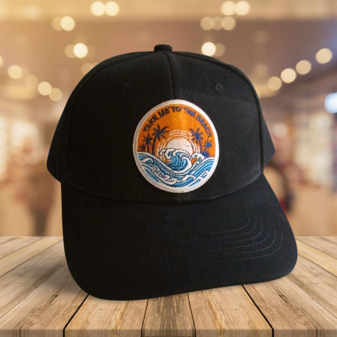 Surfing With Ocean Palm Tree, Black Baseball Cap,, Unisex Adjustable ...