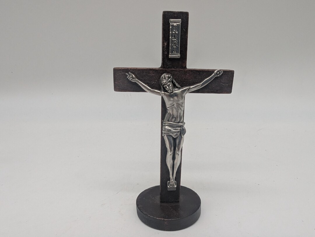 Dark Wood Standing Crucifix – Small Tabletop Cross With Silver-tone ...