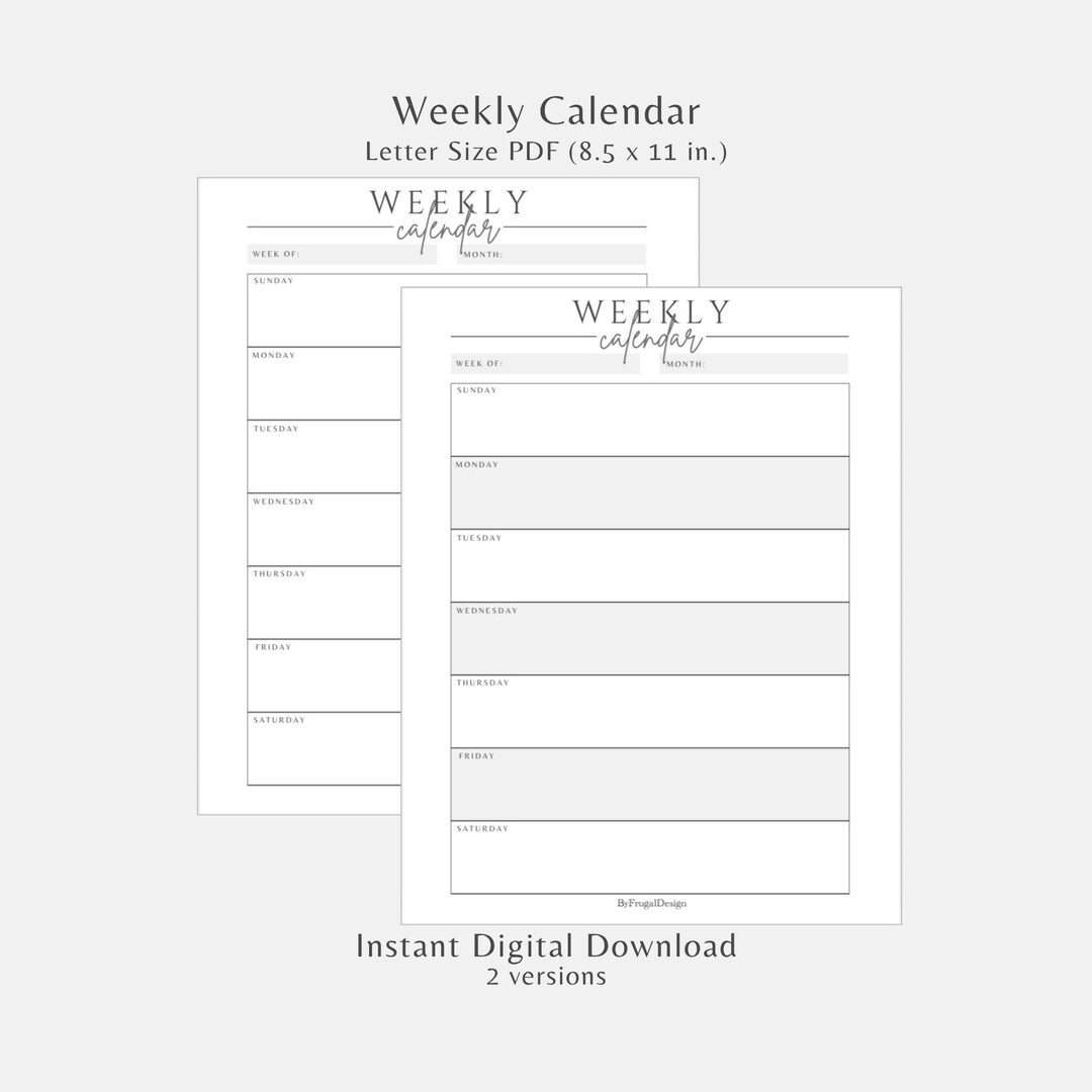 Weekly Calendar - Digital/printable PDF (letter/a4/a5) - Planner ...