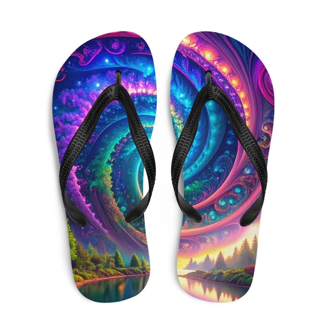 Trippy Lake Sky Flip Flops | Psychedelic Art Festival Sandals ...