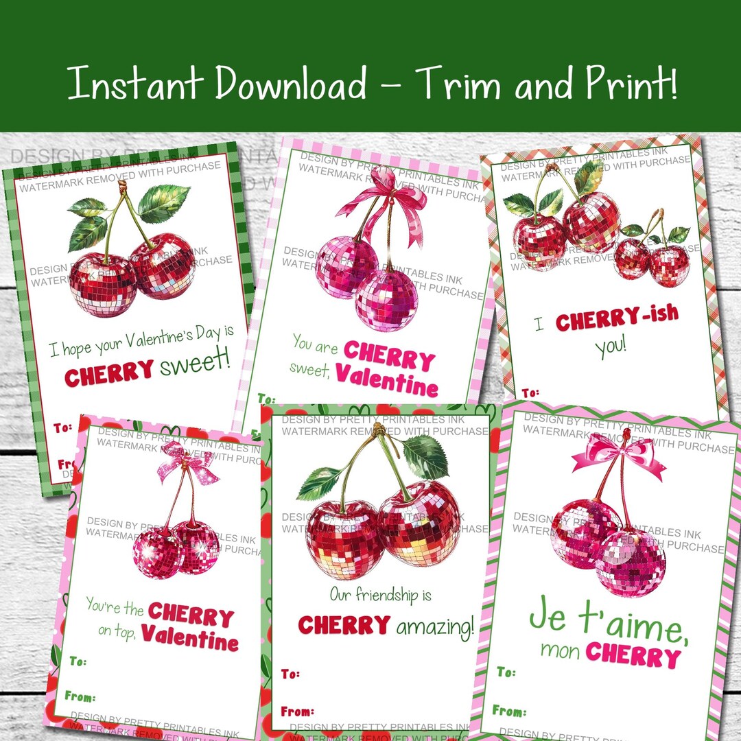 Cherry Valentines Cards Printable, Kids Valentines Cards, Classroom ...