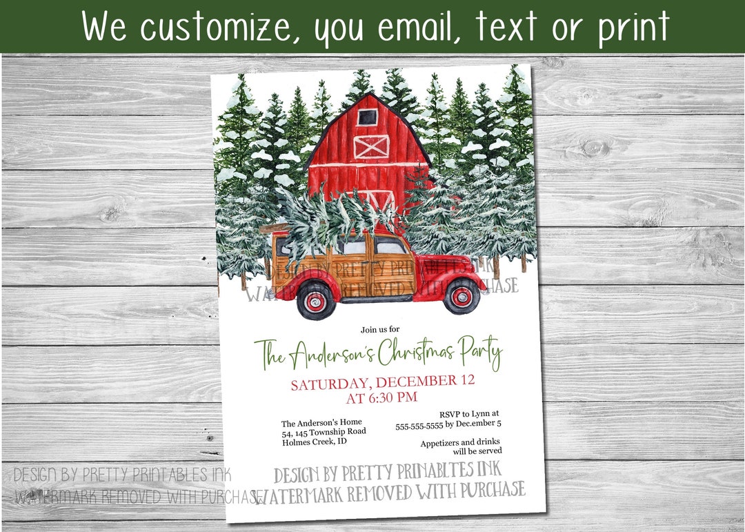 Red Barn Christmas Invitation Printable, Holiday Party Invitation ...