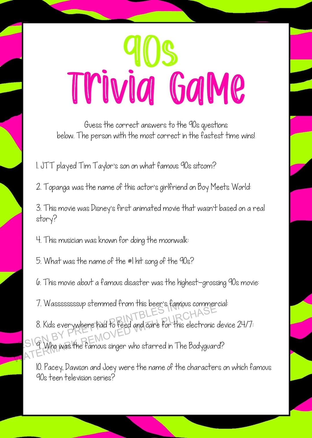 90s Trivia Game Printable | Girls Night Game | Virtual Party Game ...