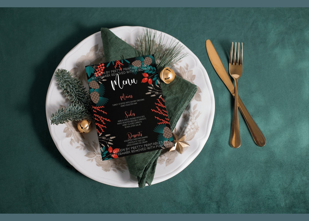 Modern Christmas Menu With Berries, Greenery and Pinecones, Christmas ...