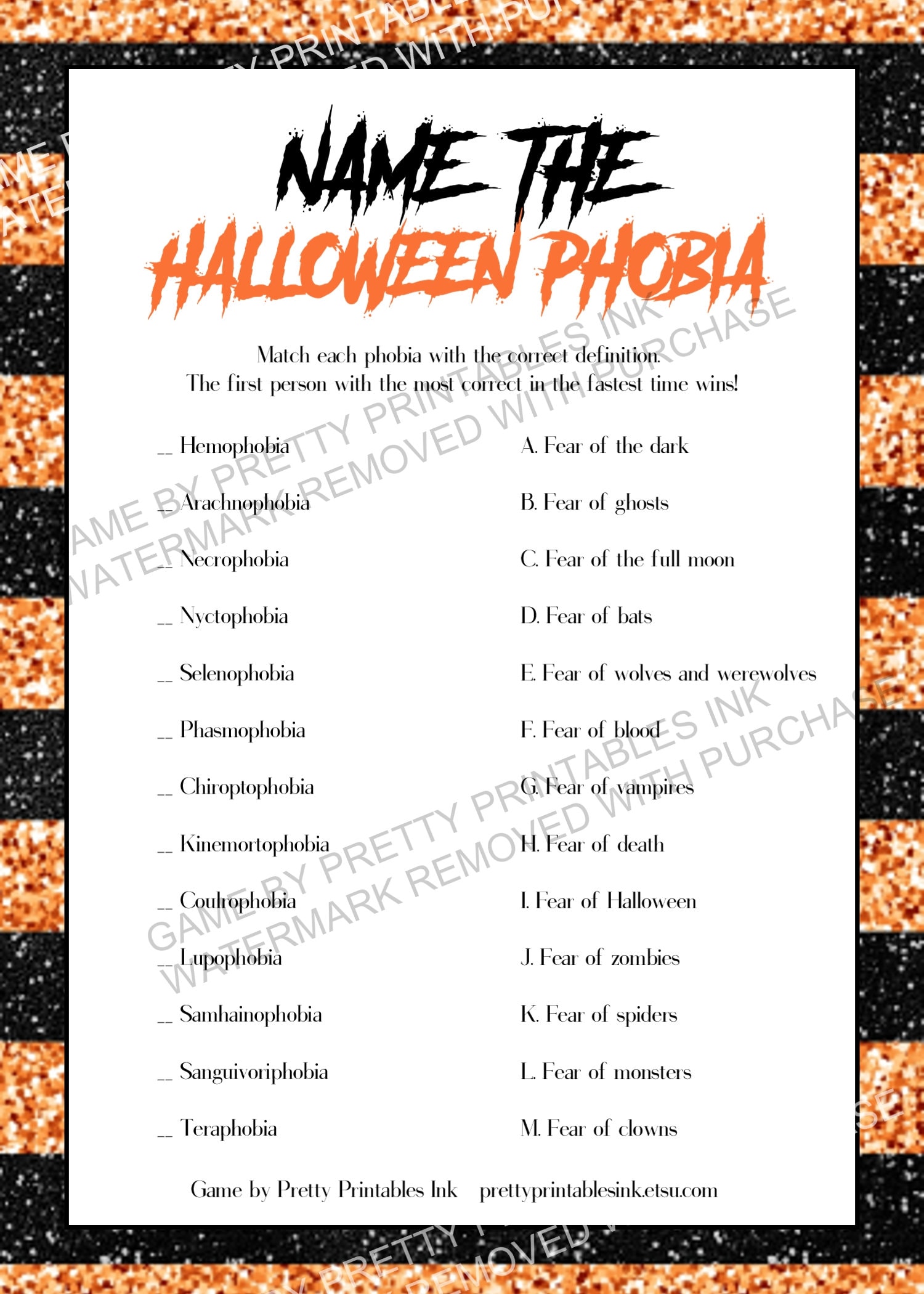 Halloween Party Game - Name That Phobia Trivia, Glitter Stripes (PDF ...
