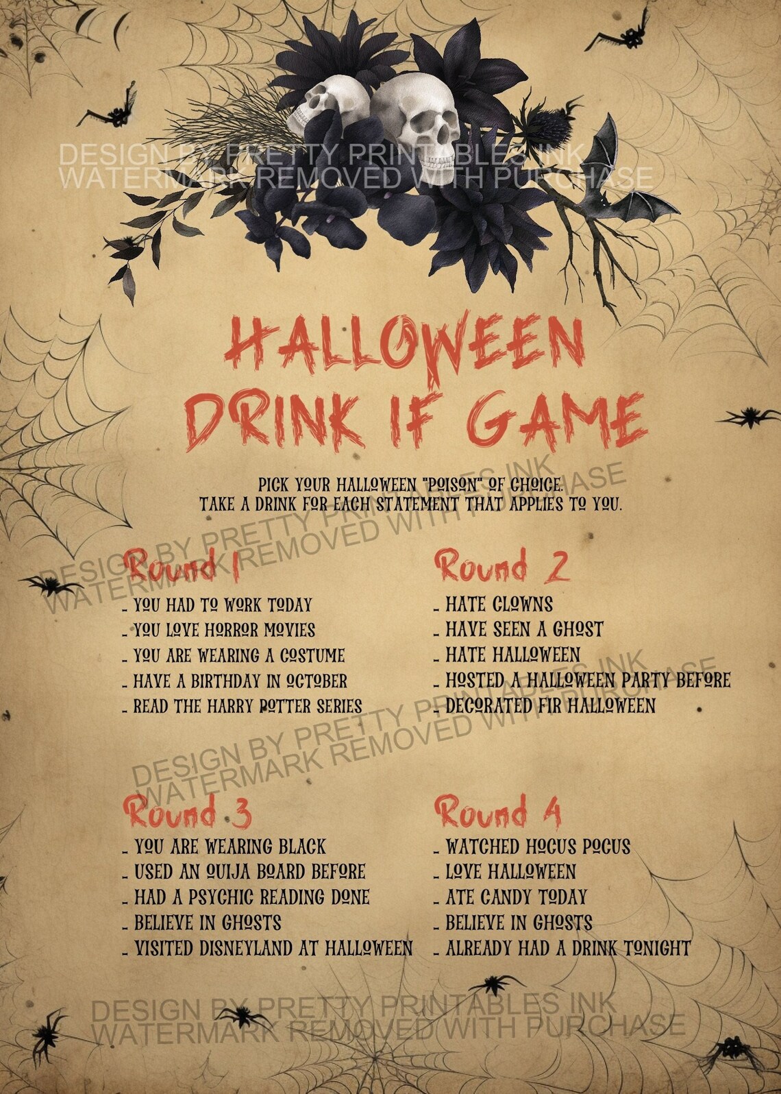 Halloween Drink If Game for Adult Party: Vintage Design, PDF - Etsy