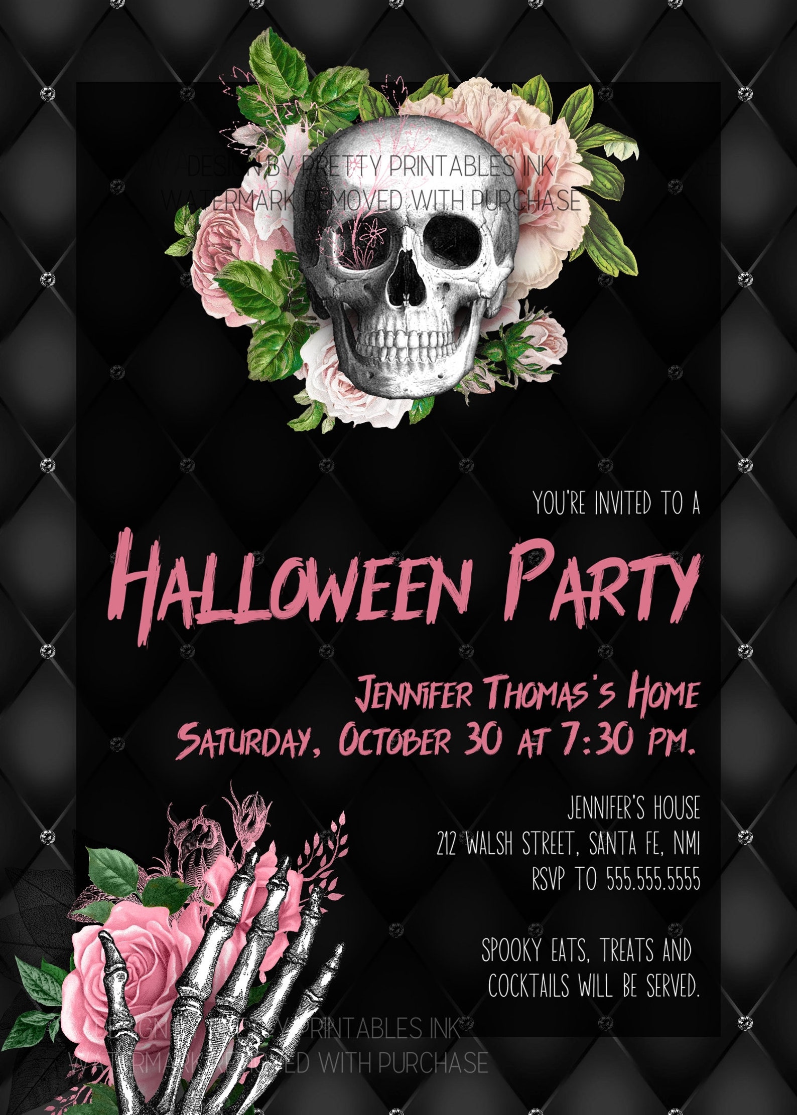 Printable Adult Halloween Party Invitation: Pink Skull With Florals ...