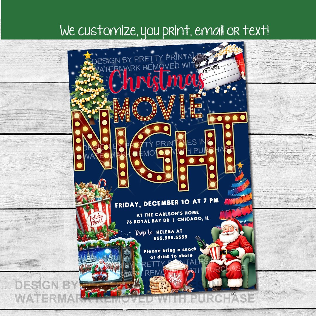 Christmas Movie Night Invitation, Christmas Movie Night Party ...