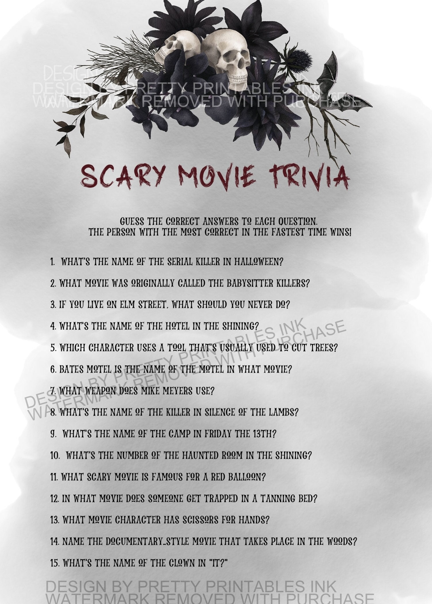 Halloween Game Printable, Scary Movie Trivia Game, Halloween Movie Game ...