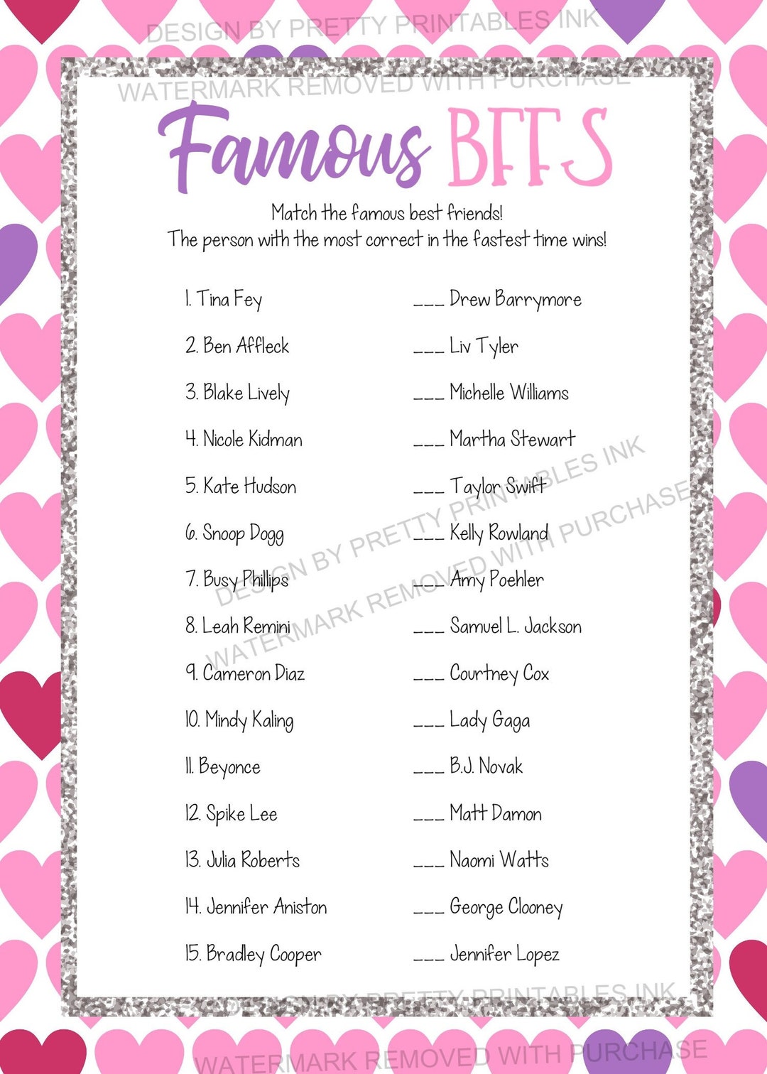 Girls Night Game, Match the Bffs Quiz, Girls Night in Game, Famous Besties Game, BFF Match Game ...